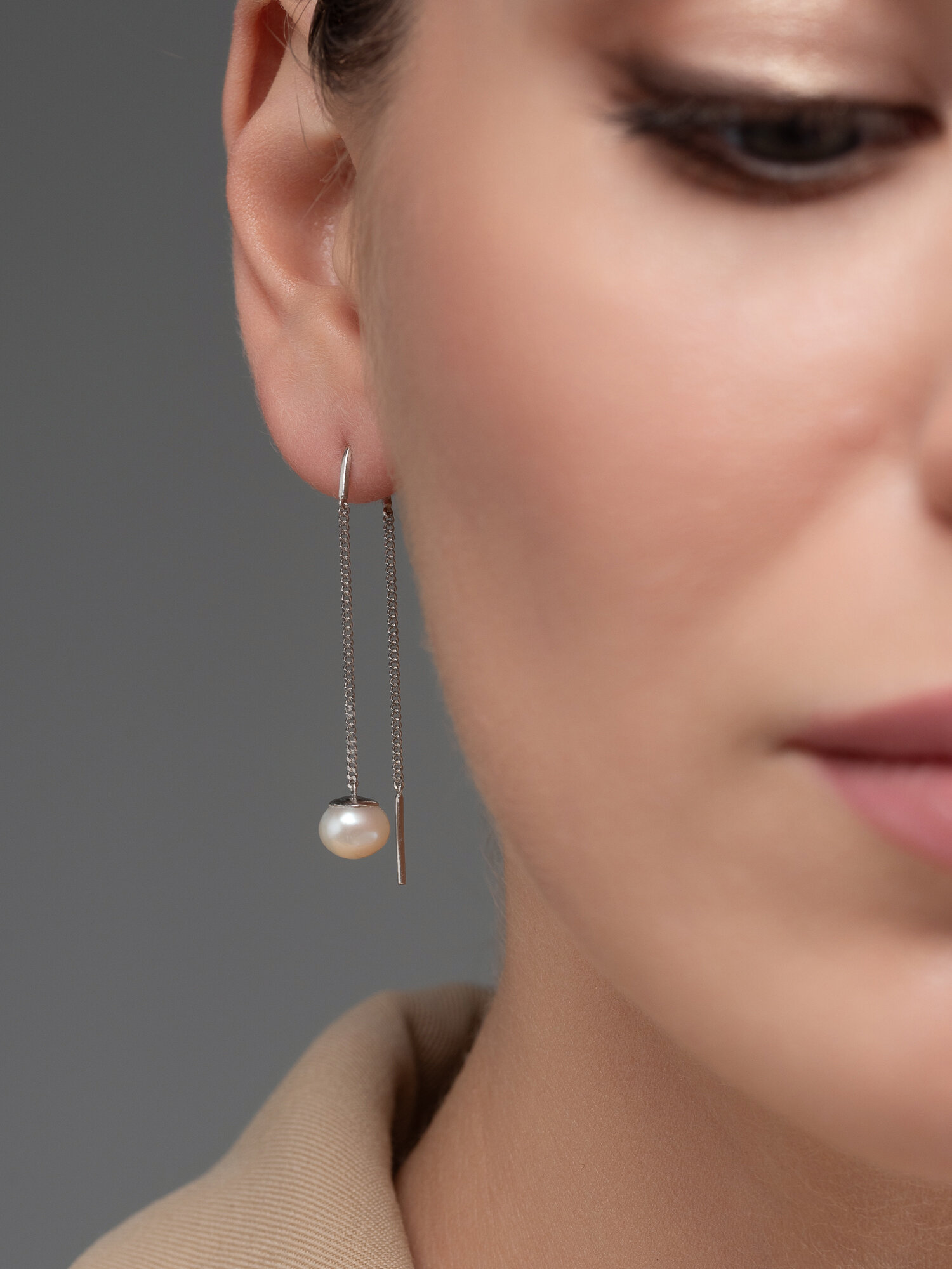 Серьги цепочки, серебро, 925 проба, родирование, жемчуг