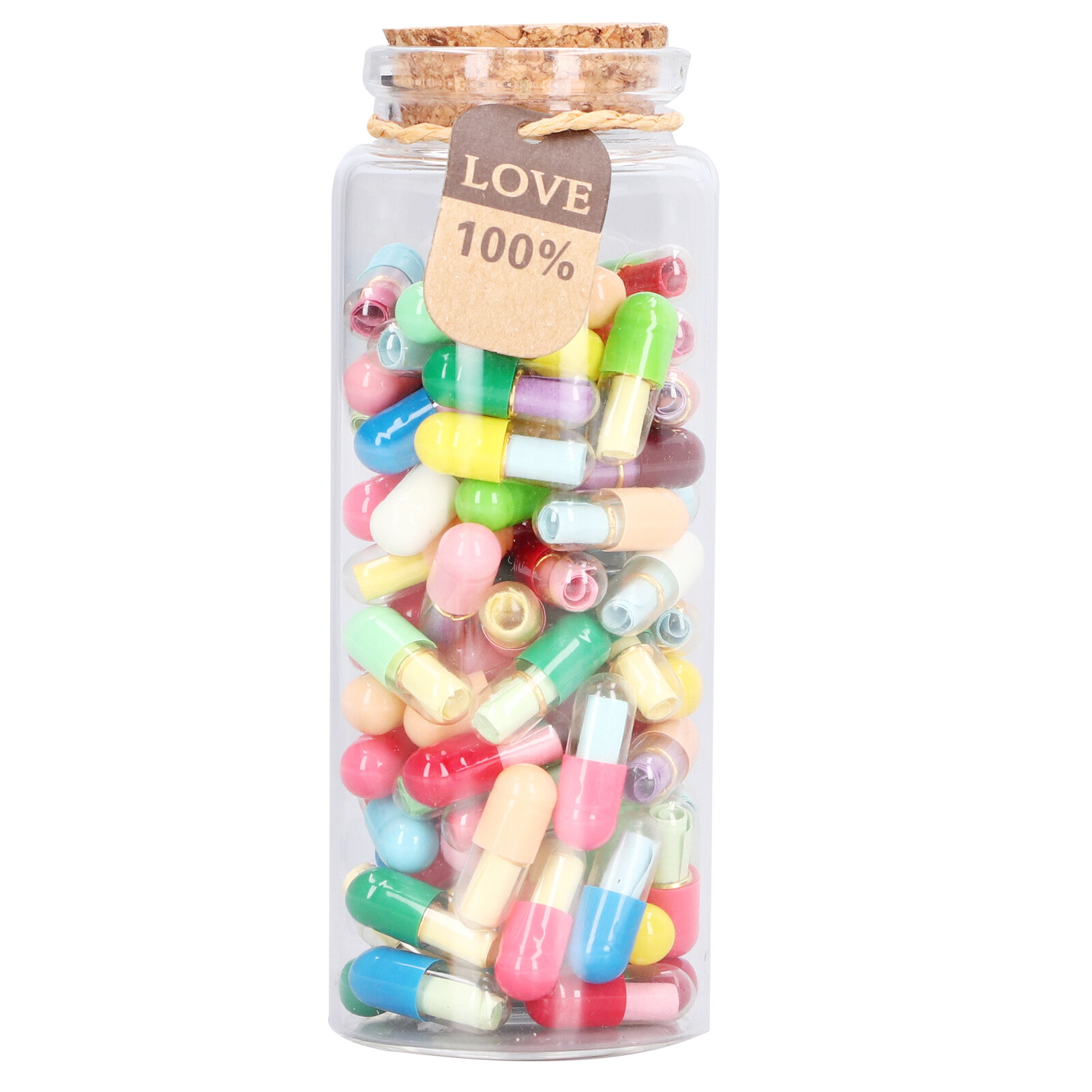 100 капсул, таблетки для сообщений, стеклянная бутылка, таблетки разных цветов, пустая бумага для поздравительных писем.