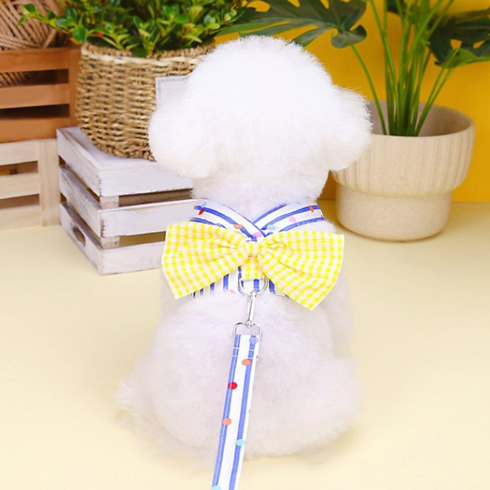 Комплект из шлейки и поводка для собак, мягкий хлопковый дышащий жилет для собак с металлической пряжкой и бантом на весну и лето в синюю полоску XL