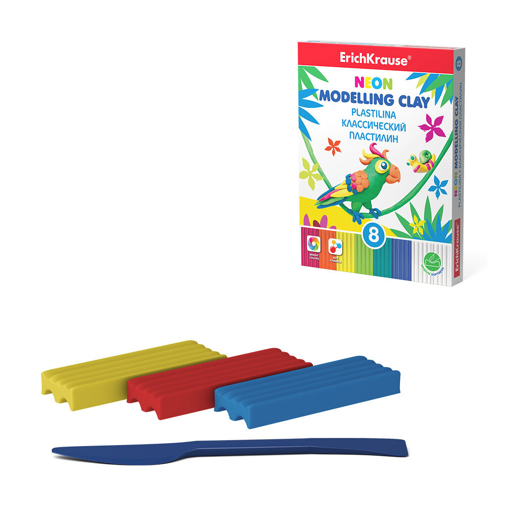 Классический пластилин Neon 6 цветов + 2 белых со стеком, 144г, арт. 53405