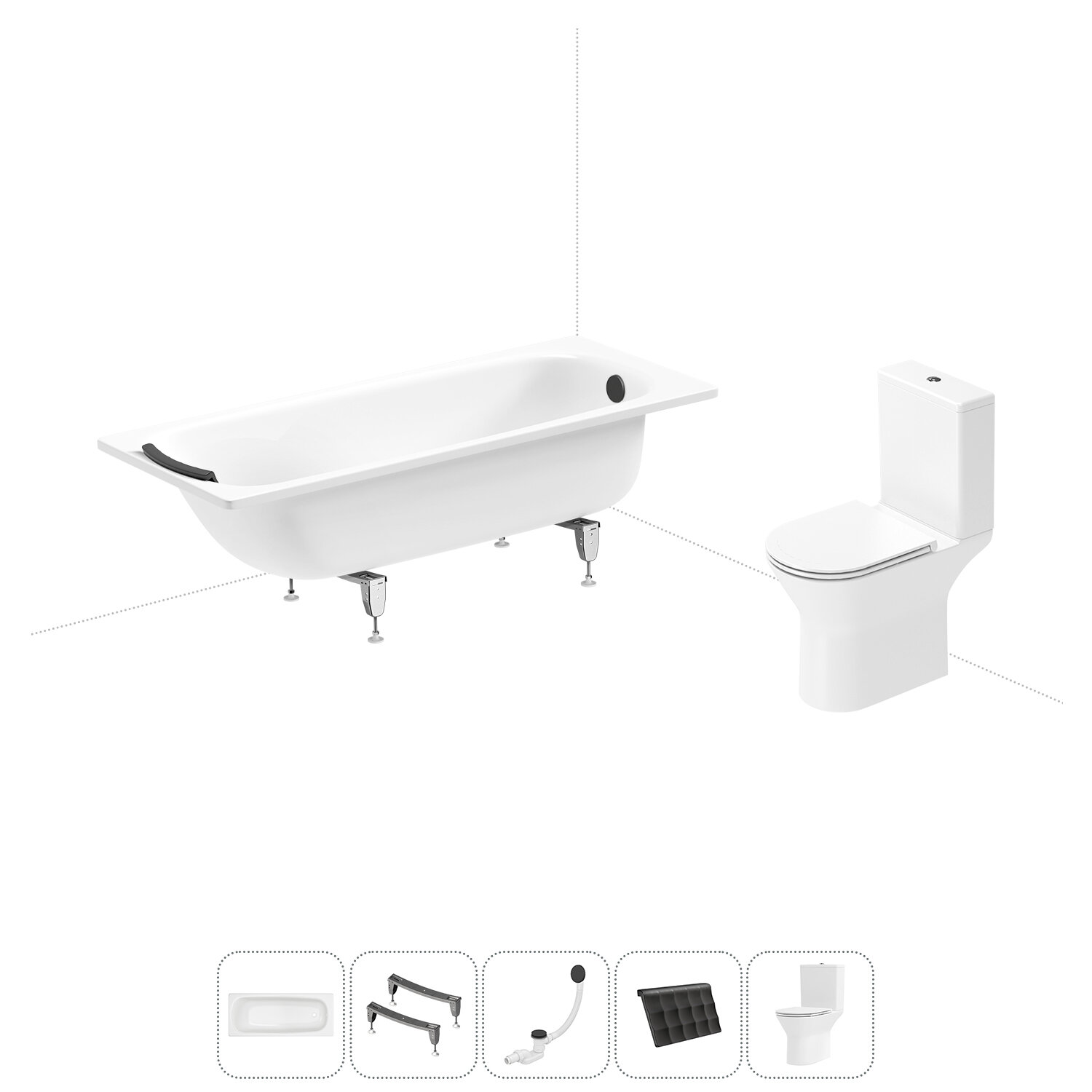 Стальная ванна 170х75 Sanitana BLB Universal 20220743R в наборе 5 в 1: металлическая ванна 170 х 75 см с шумоизоляцией, ножки, слив-перелив, подголовник, унитаз