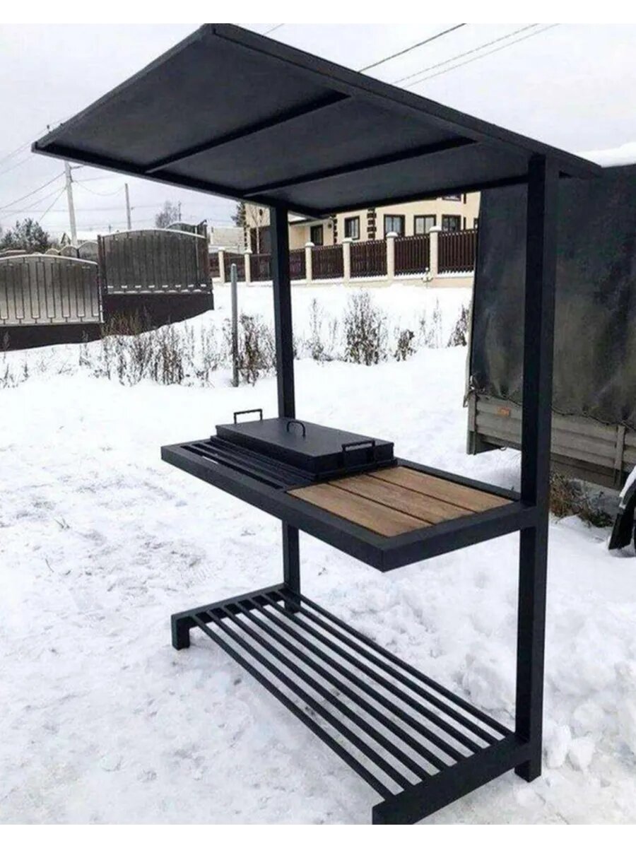 Большой мангал с крышей от дождя для дачи с печкой под казан. В стиле лофт. Дачный гриль