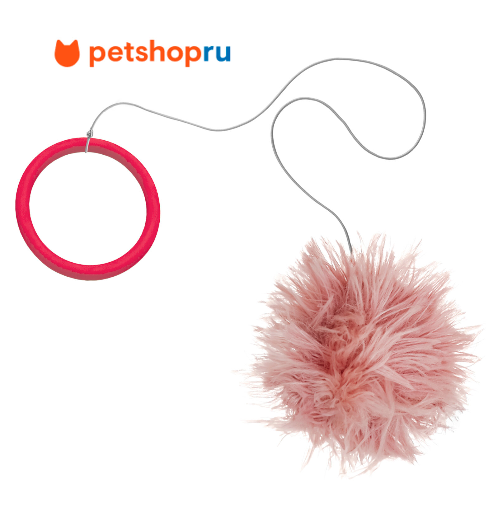 PETSHOP Игрушка для кошек "Мячик с пищалкой" из искусственного меха на резинке с кольцом, розовый