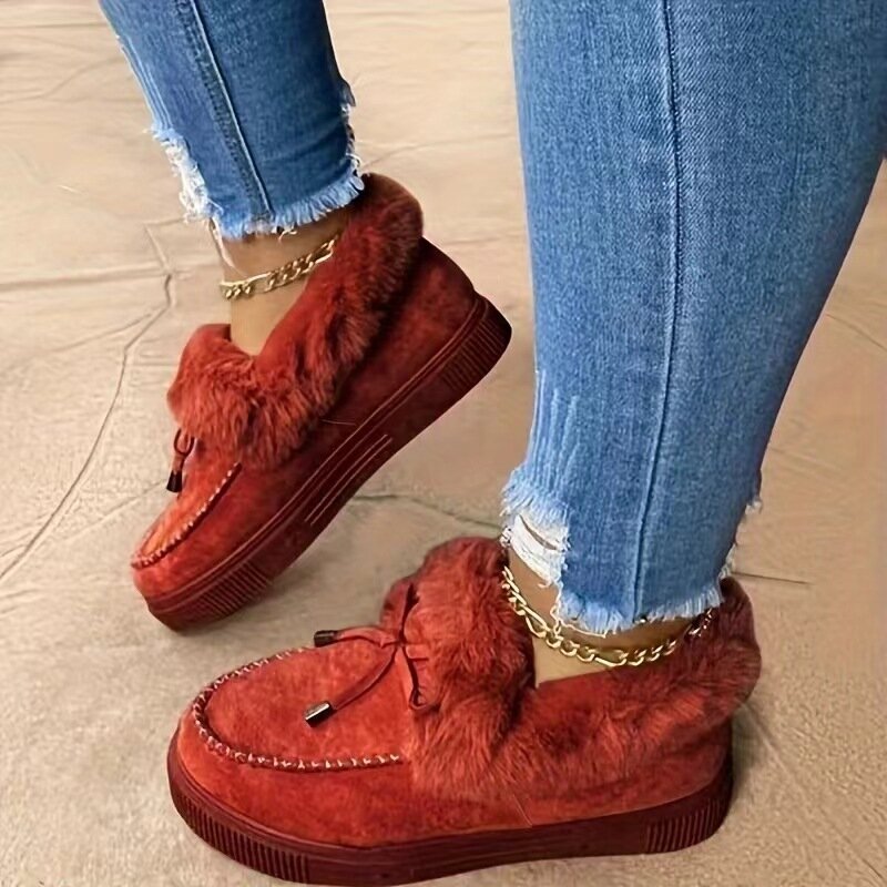 Зимние женские хлопковые туфли 2025 года с бантом, теплые туфли на плоской подошве, меховые туфли большого размера, женские зимние туфли
