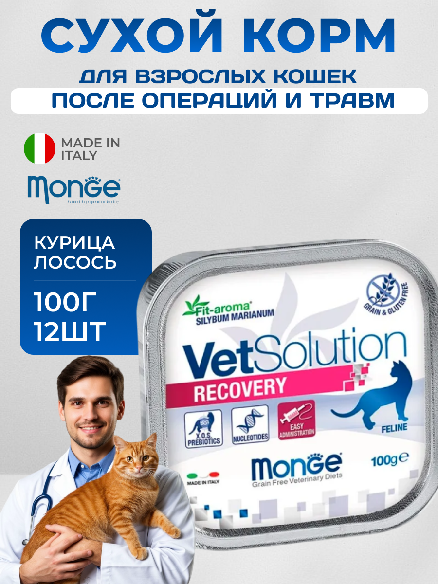 Корм влажный для кошек со вкусом курицы и лосося Monge VetSolution Recovery Cat, 12 шт