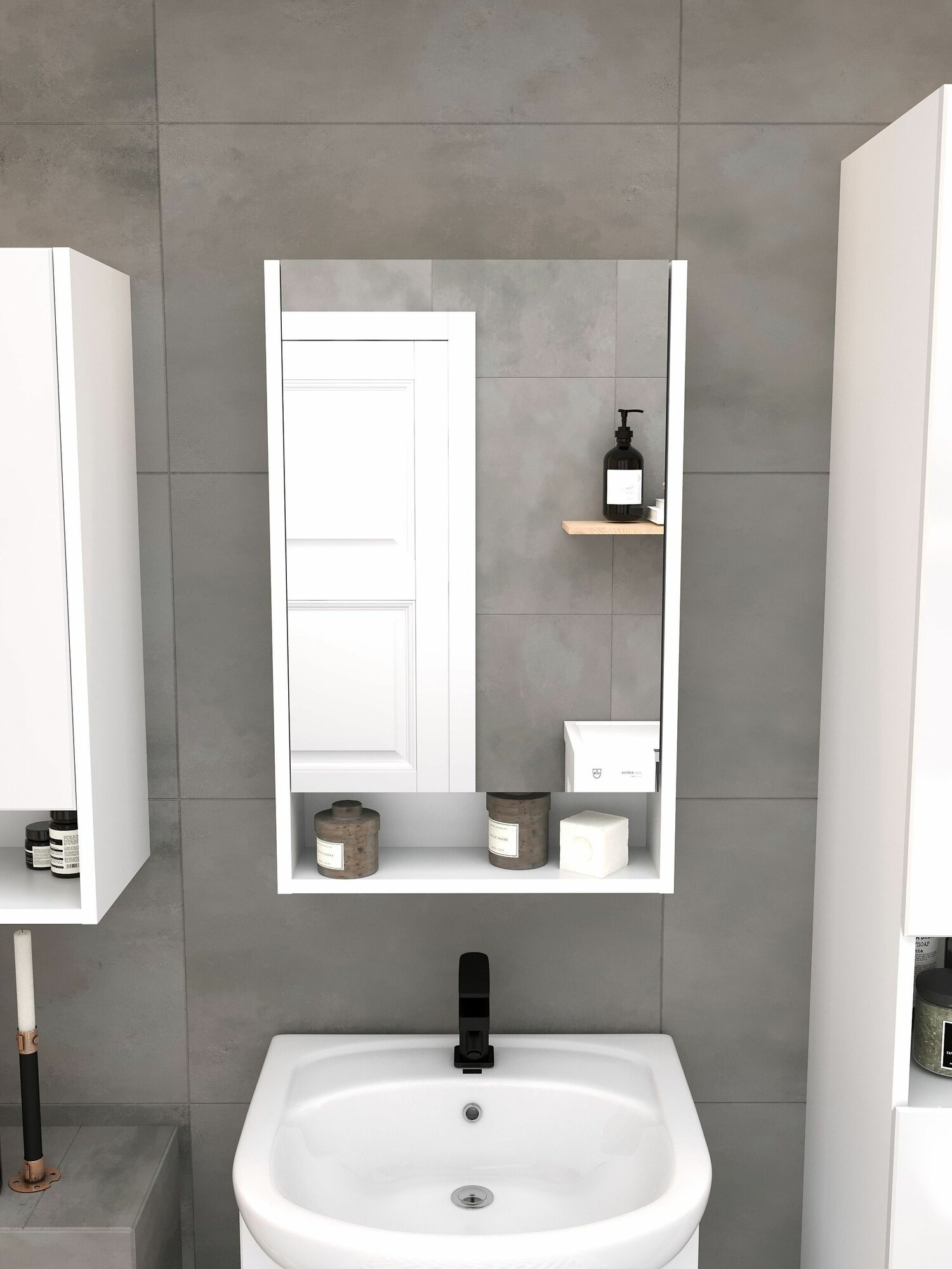 Зеркало в ванную с шкафом, Fauraplus Глория 45 белый, правый, влагостойкий, распашной, навесной