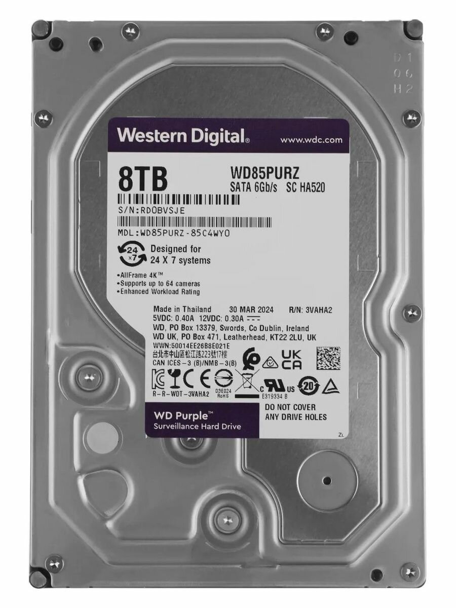 Жесткий диск WD HDD 8TB, SATA III, 3.5" (WD85PURZ)