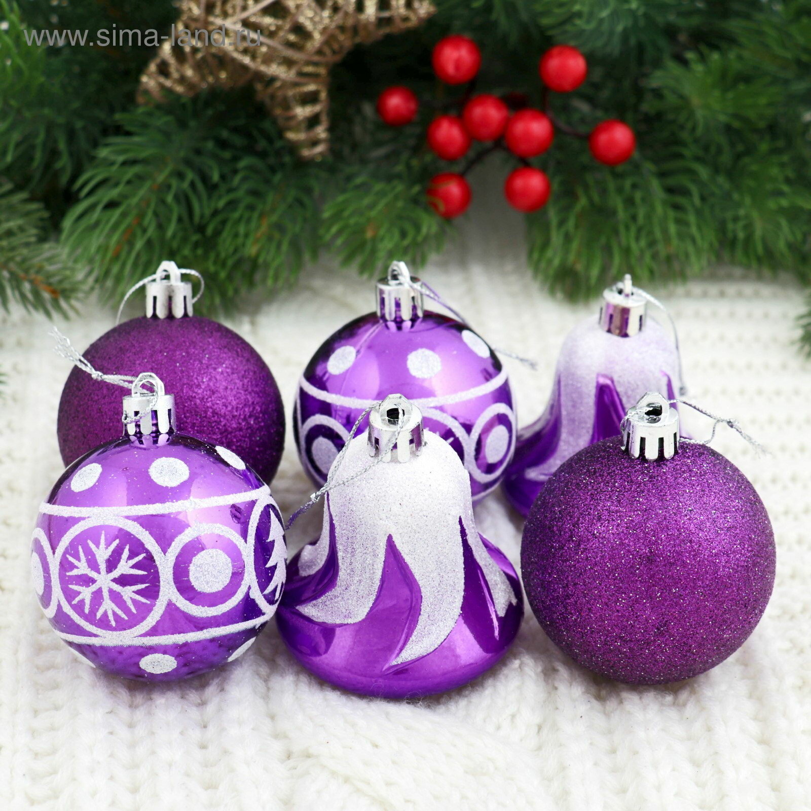 Ёлочные игрушки "Византия", набор 6 шт, цвет: фиолетовый, форма игрушки: набор