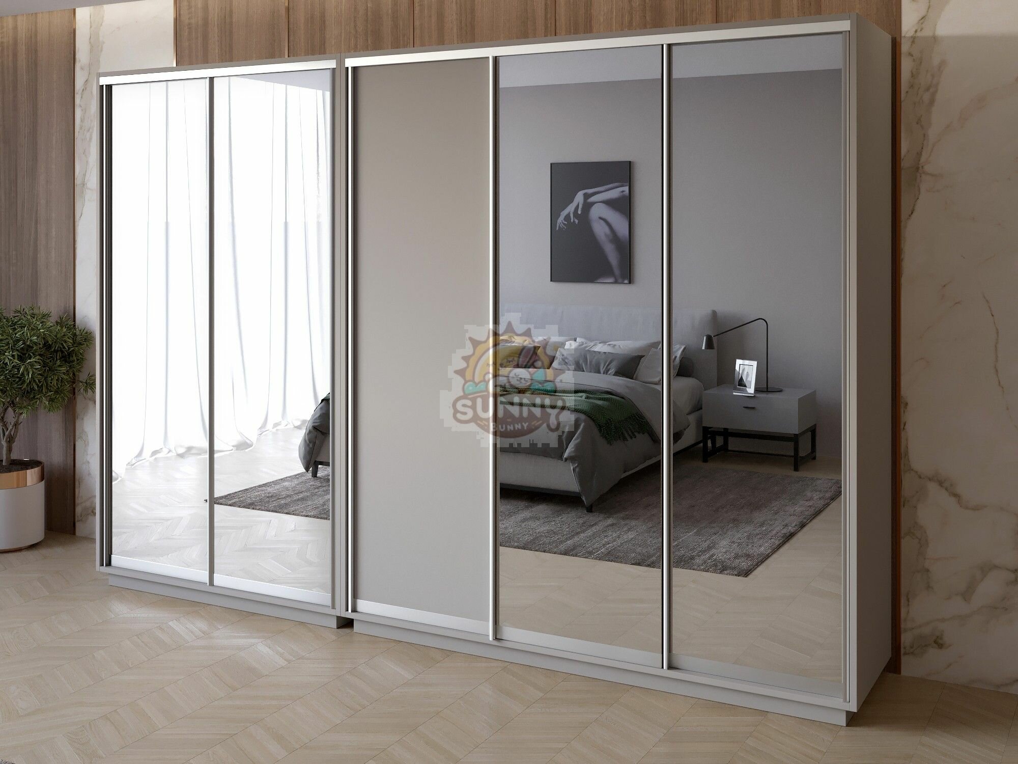 Шкаф-купе Вилли 5-ти дверный модульный (2+3) ЛДСП-1/Зеркало-4, профиль серебро, 300х60х240 см. Кашемир