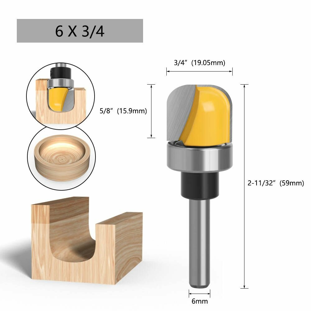 Фреза пазовая галтельная, фреза по дереву для изготовления чаш, менажница, 19.05 x 15.9 мм, хвостовик 6 мм
