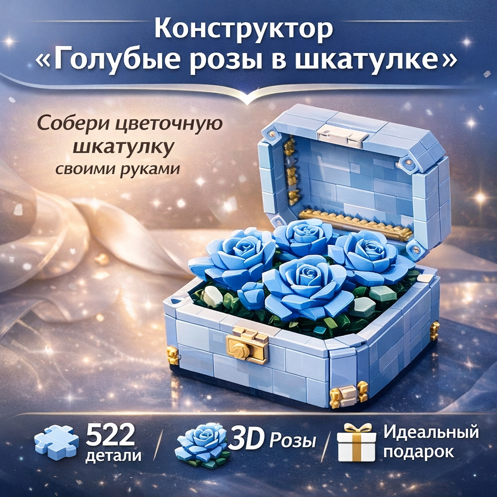 Конструктор "Голубые розы в шкатулке" 522 детали, поющая шкатулка