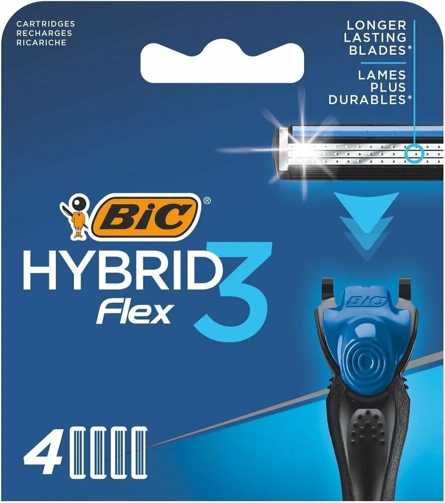 Сменные кассеты для бритвы BIC Hybrid 3 Flex, 4 шт, 3 титановых лезвия с нанотехнологиями, широкая смазывающая полоска с витамином E (4 x 3) 12 шт.