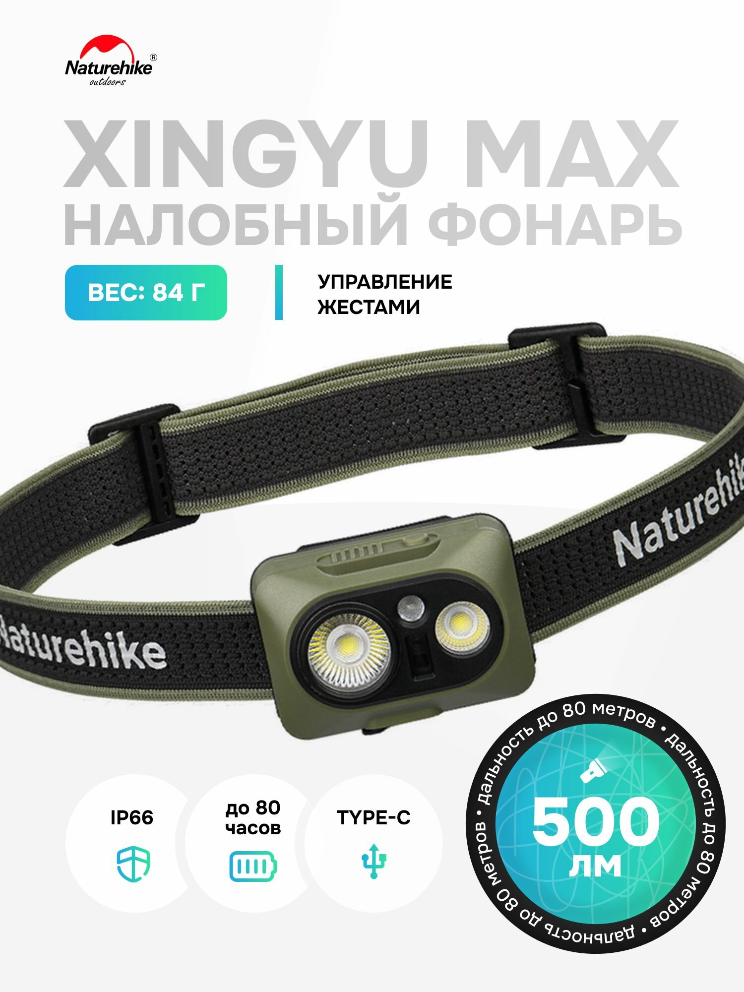Фонарь налобный аккумуляторный мощный Naturehike Xingyu Max, 500Lm, темно-зеленый