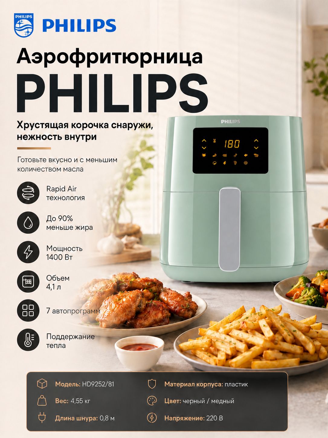 PHILIPS AVENT Аэрогриль Аэрофритюрница HD9252/81, объём 4,1 л, мощность 1400 Вт, технология Rapid Air, 7 автопрограмм, функция поддержания тепла, салатовый