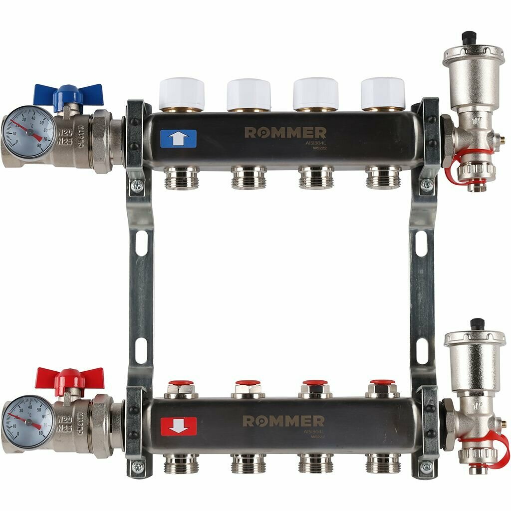 Коллектор для теплого пола ROMMER RMS-3210-000004 из нержавеющей стали в сборе без расходомеров 4 вых.
