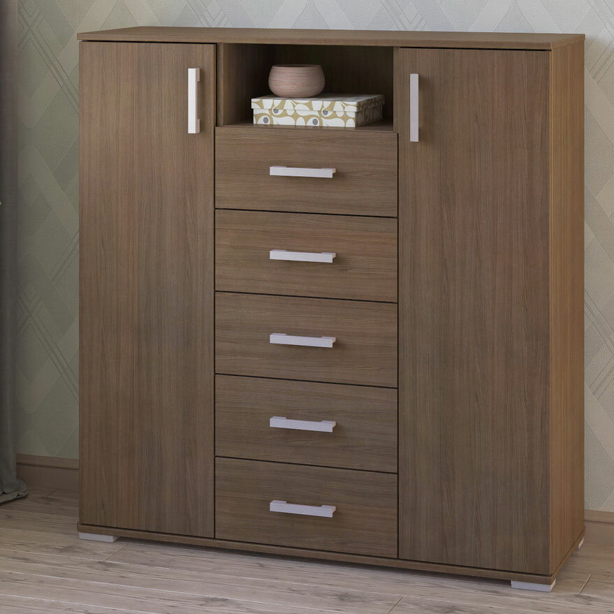 Высокий двухдверный комод с 5 ящиками и открытой нишей 115х37,4 см МагМебель Вента-56 ясень шимо тёмный