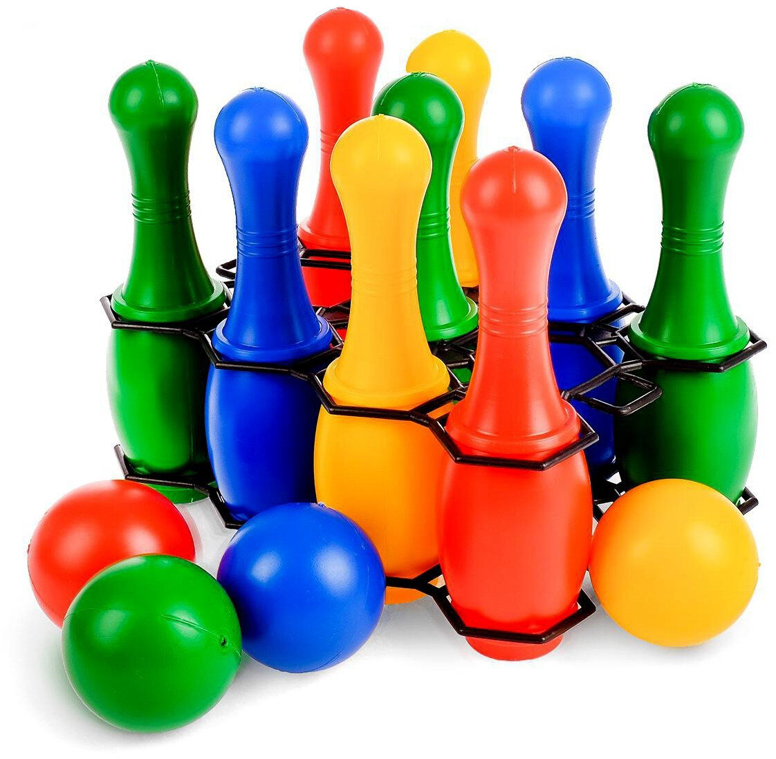 Цветной боулинг, детский игровой набор из 9 пластиковых кеглей и 4 шаров в сетке