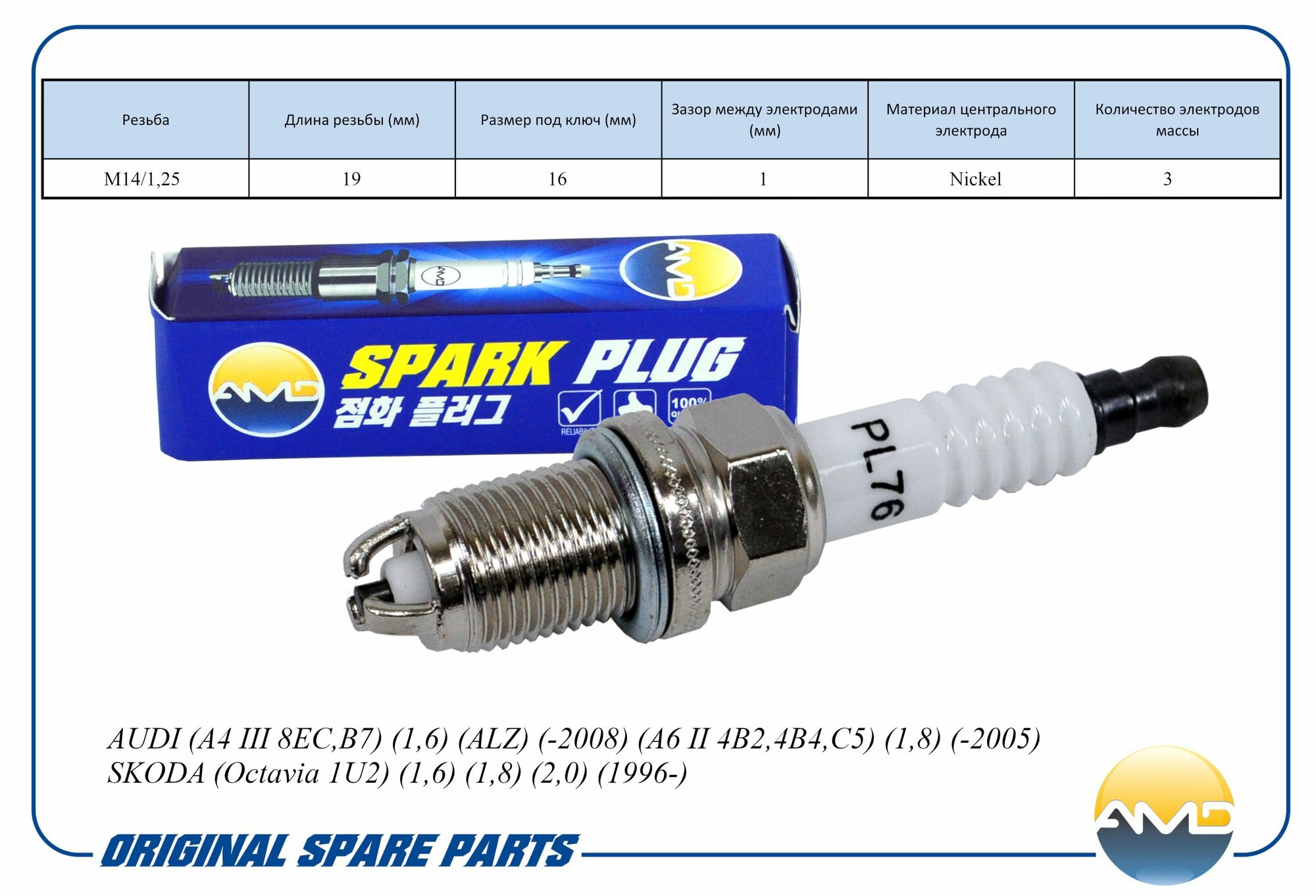 Свеча зажигания 101000033AA/BKUR6ET-10/AMD. PL76 (Nickel)