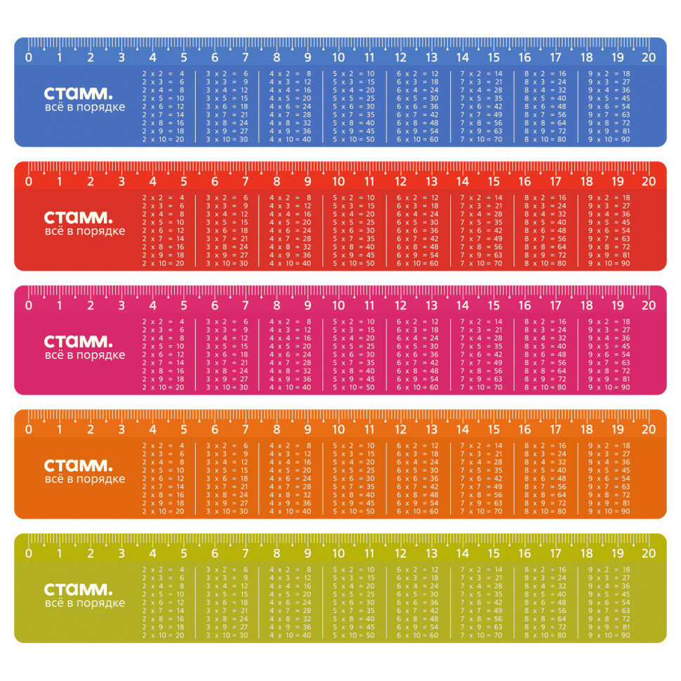 Линейка 20см СТАММ "Таблица умножения", со справочным материалом, пластиковая, перламутровая, ассорти, 20 штук, 366433