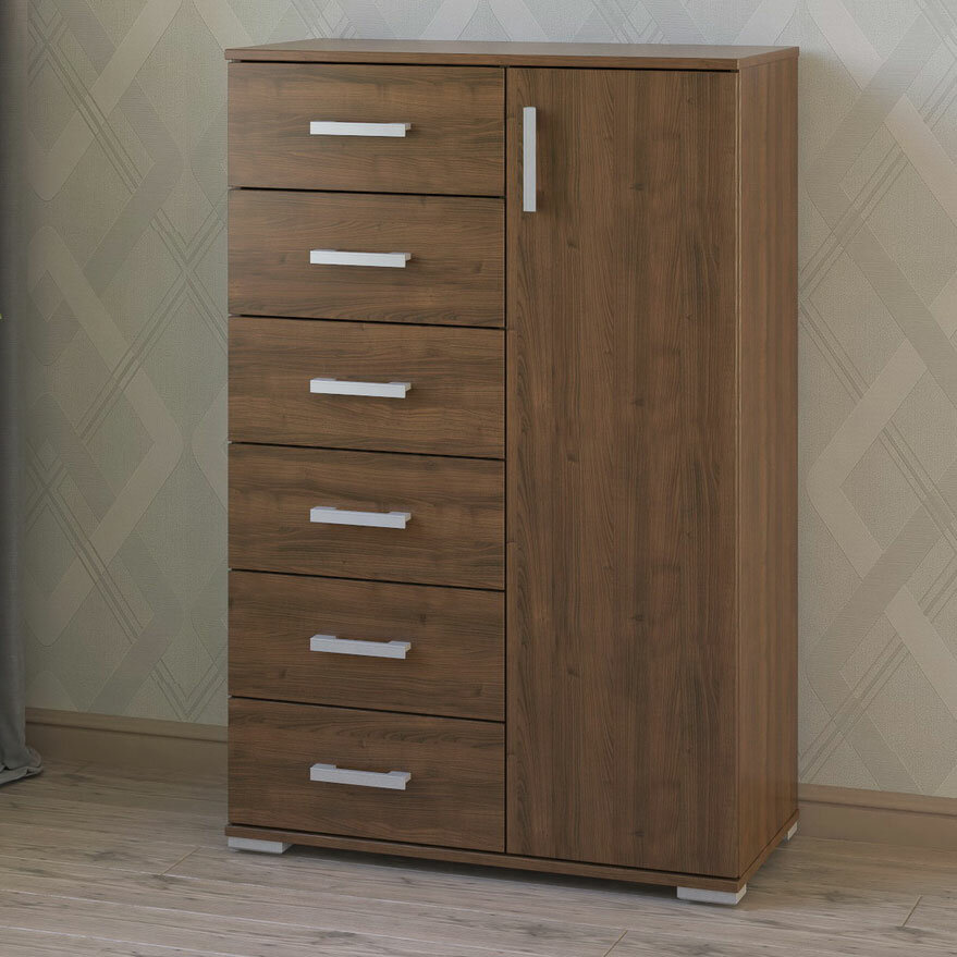 Высокий комод с 6 ящиками и дверцей МагМебель №26 орех