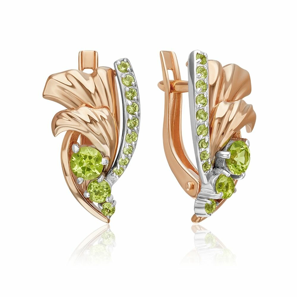 Серьги, комбинированное золото, 585 проба, родирование, хризолит