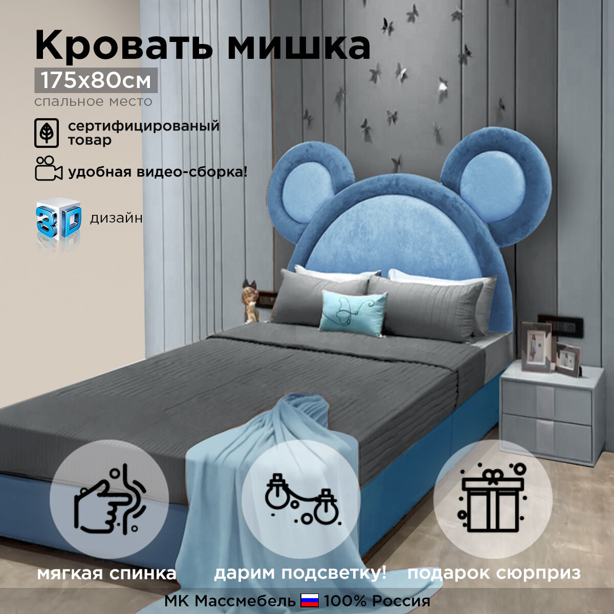 Кровать детская с мягкой спинкой Мишка 185/90/60 Синяя