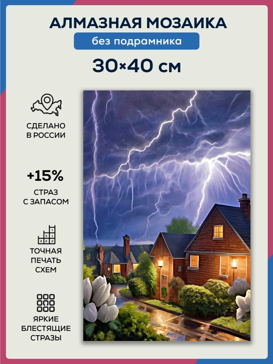 Алмазная мозаика 30x40 Гроза над домами без подрамника