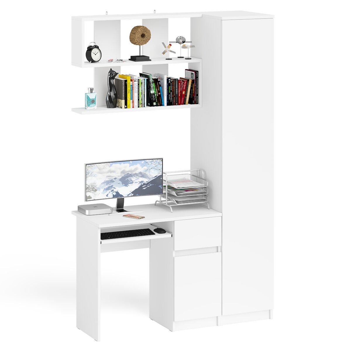 Пенал СВК Мори 400.1 однодверный с компьютерным столом правый и полкой белый