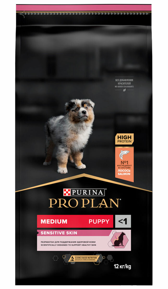 Сухой корм Pro Plan для щенков средних пород с чувствительной кожей лосось и рис opti derma sensitive skin medium puppy 12кг