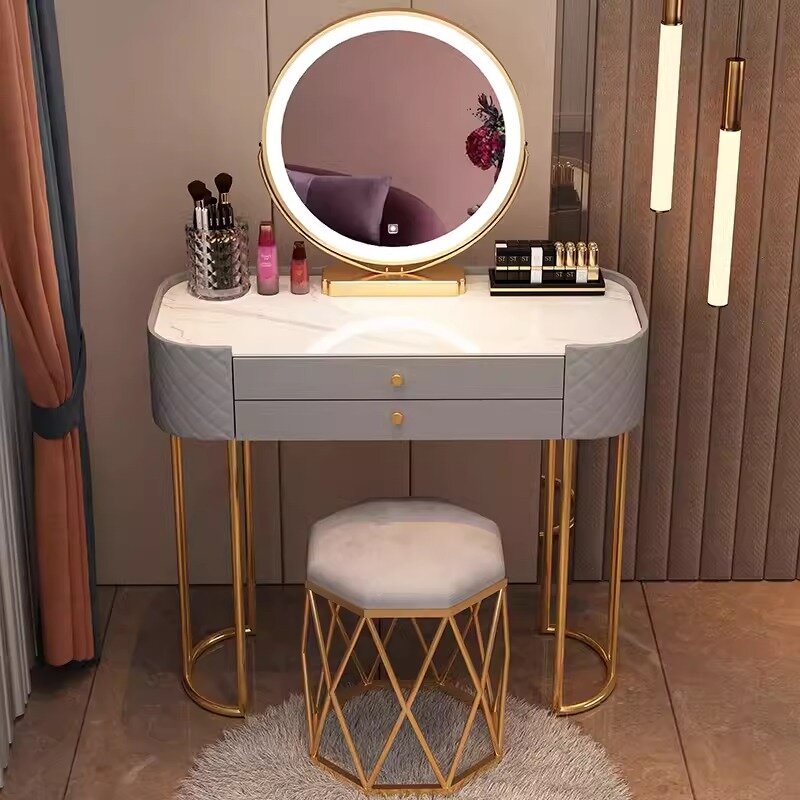 Туалетный столик без тумбы обитый кожей с ромбиками (серый 80 см + зеркало + табурет, имитация камня)