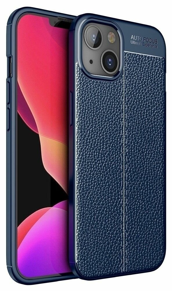 Чехол на iPhone 14 Plus силиконовый под кожу синий противоударный