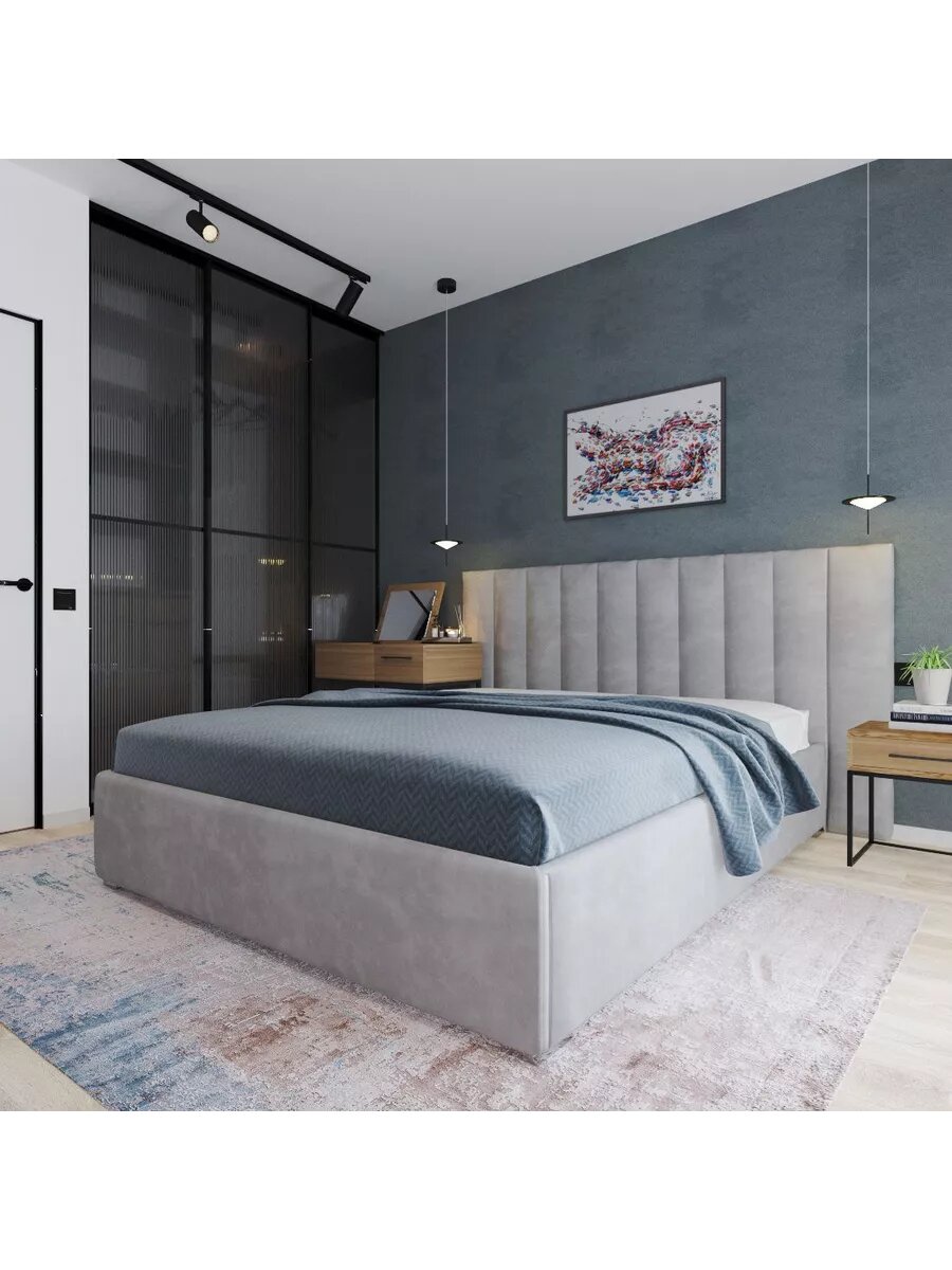 Кровать КМК Марта, двуспальная, мягкая обивка, велюр, для дачи и спальни, 160x200 см