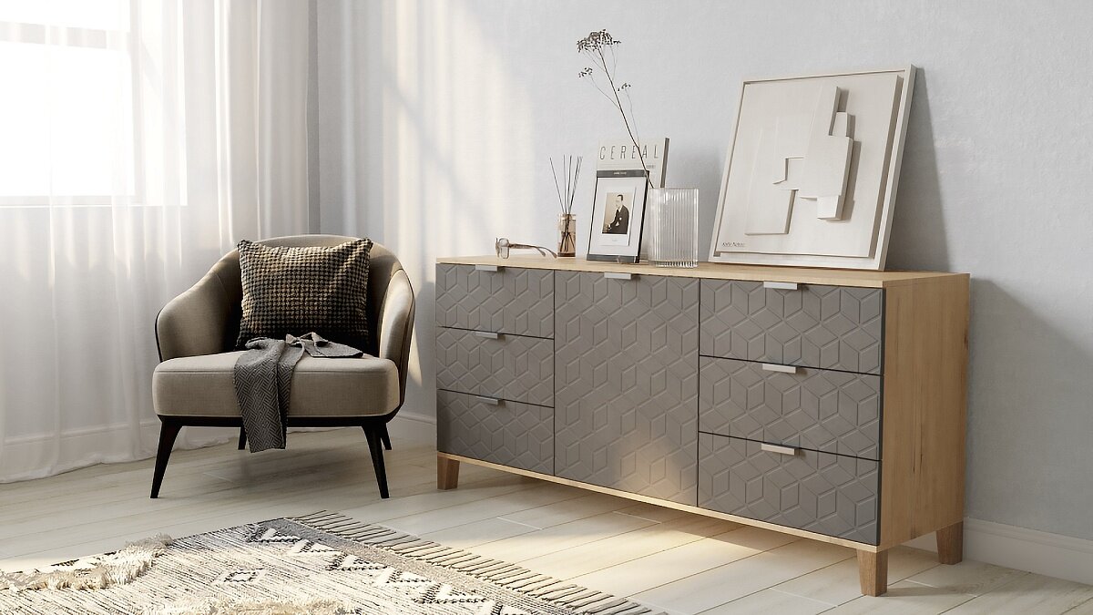 Комод МебельЛэнд24 Марвин Йорк - 33 Графит 150x40x70 серый однодверный с 6 ящиками