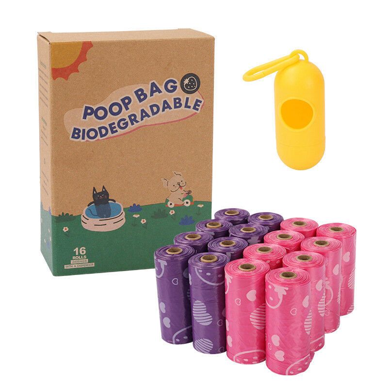 Биоразлагаемые пакеты для уборки за животными со вкусом клубники, утолщенные и прочные пакеты для мусора, диспенсер для