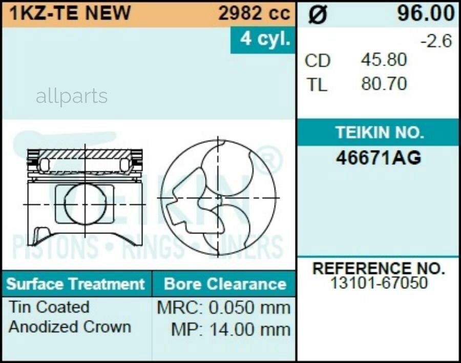 TEIKIN 46671AG 050 Поршень (к-т 4 шт с охлаждением) 050 TOYOTA LAND CRUISER PRADO/HIACE 1KZTE 96-02