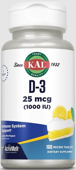 Витамин D KAL D-3 1000 IU ActivMelt 25 mcg 100 таблеток, Лимонный пирог