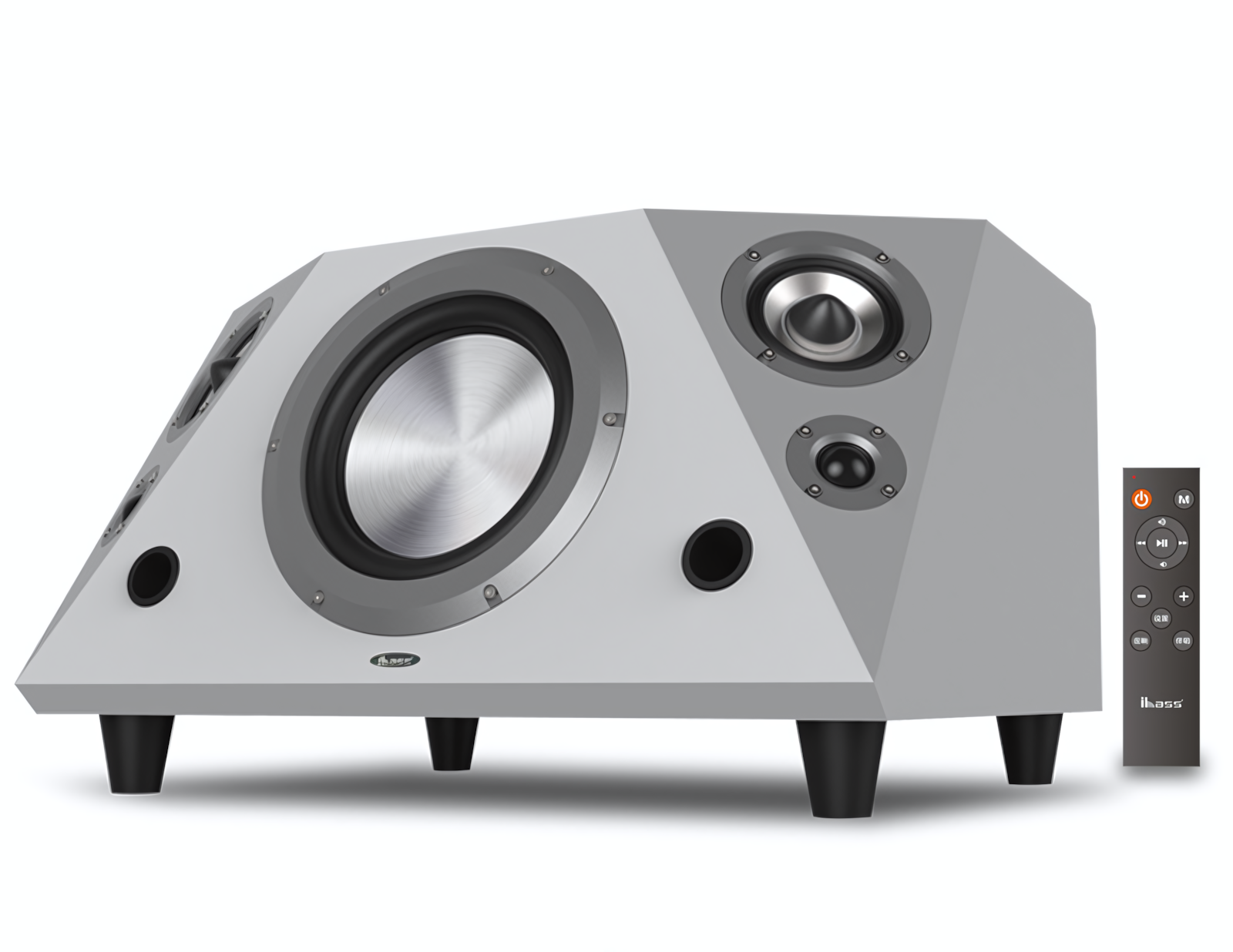 Колонка iBass двухполосная с сабвуфером, Bluetooth 5.0, aux, USB, питание от сети, серая