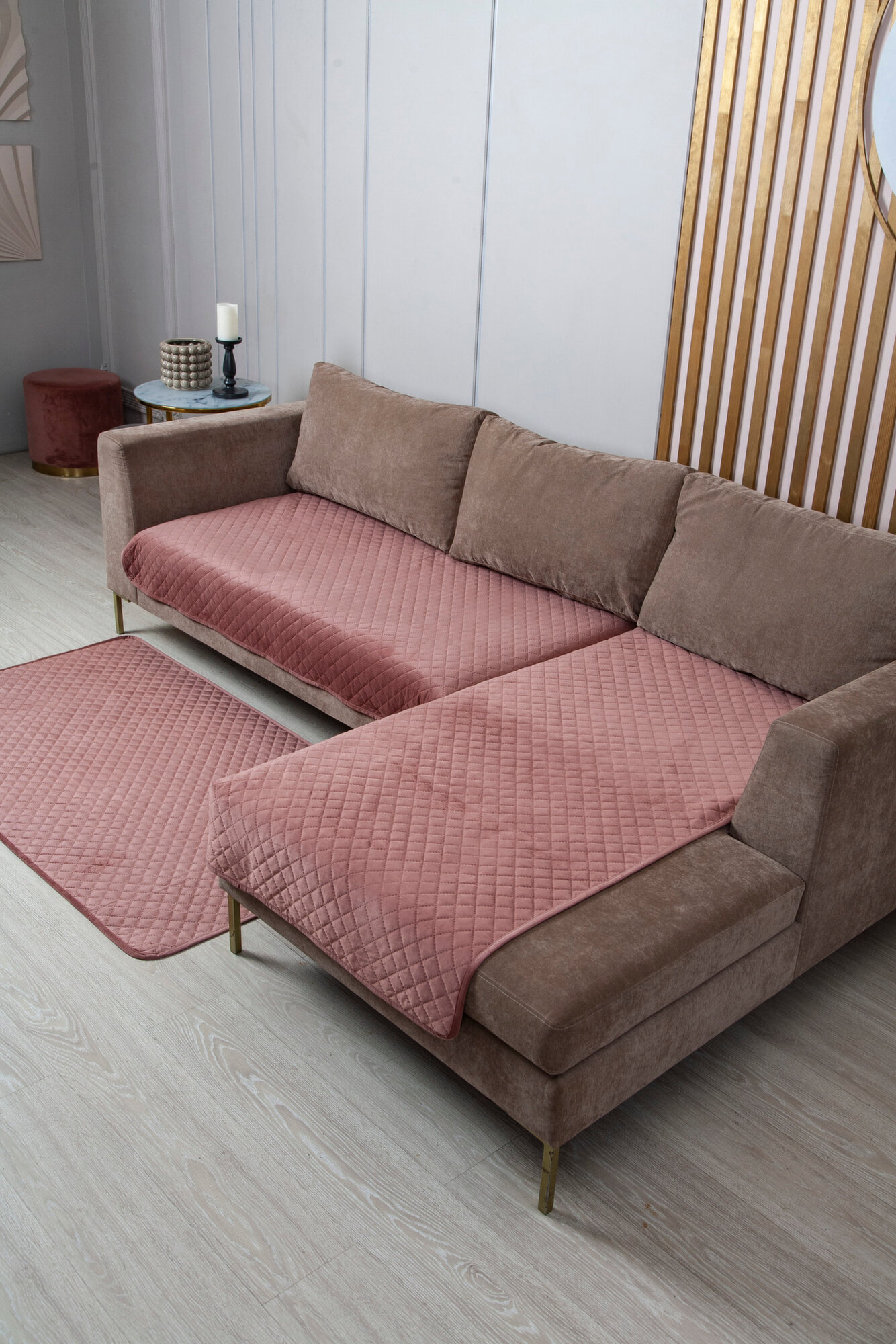 Комплект велюровых дивандеков 90х160 (2 шт) + 90х210) DIV-003 чайная роза Elintale (чайная роза), Комплект накидкок (90х160+90х210)