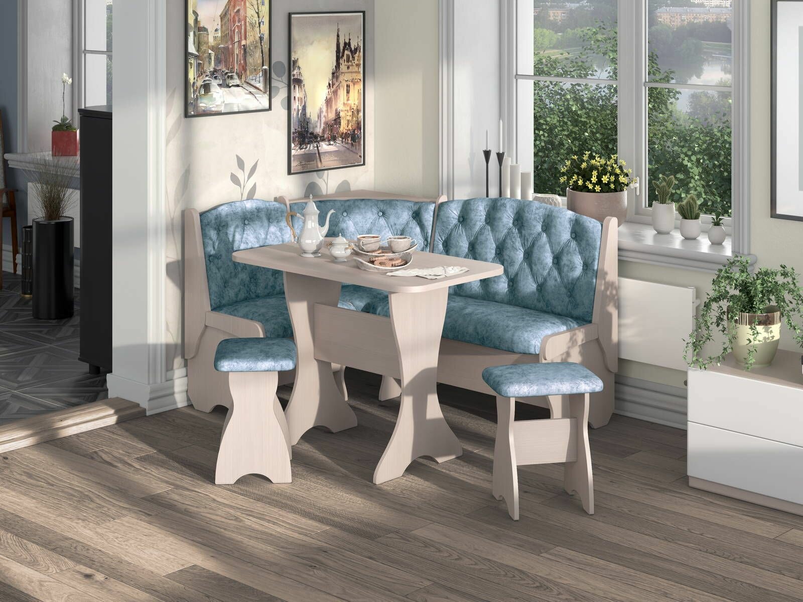 Кухонный уголок Оливия Люкс Бодего Светлый/Велюр Лагуна/Бодего Светлый