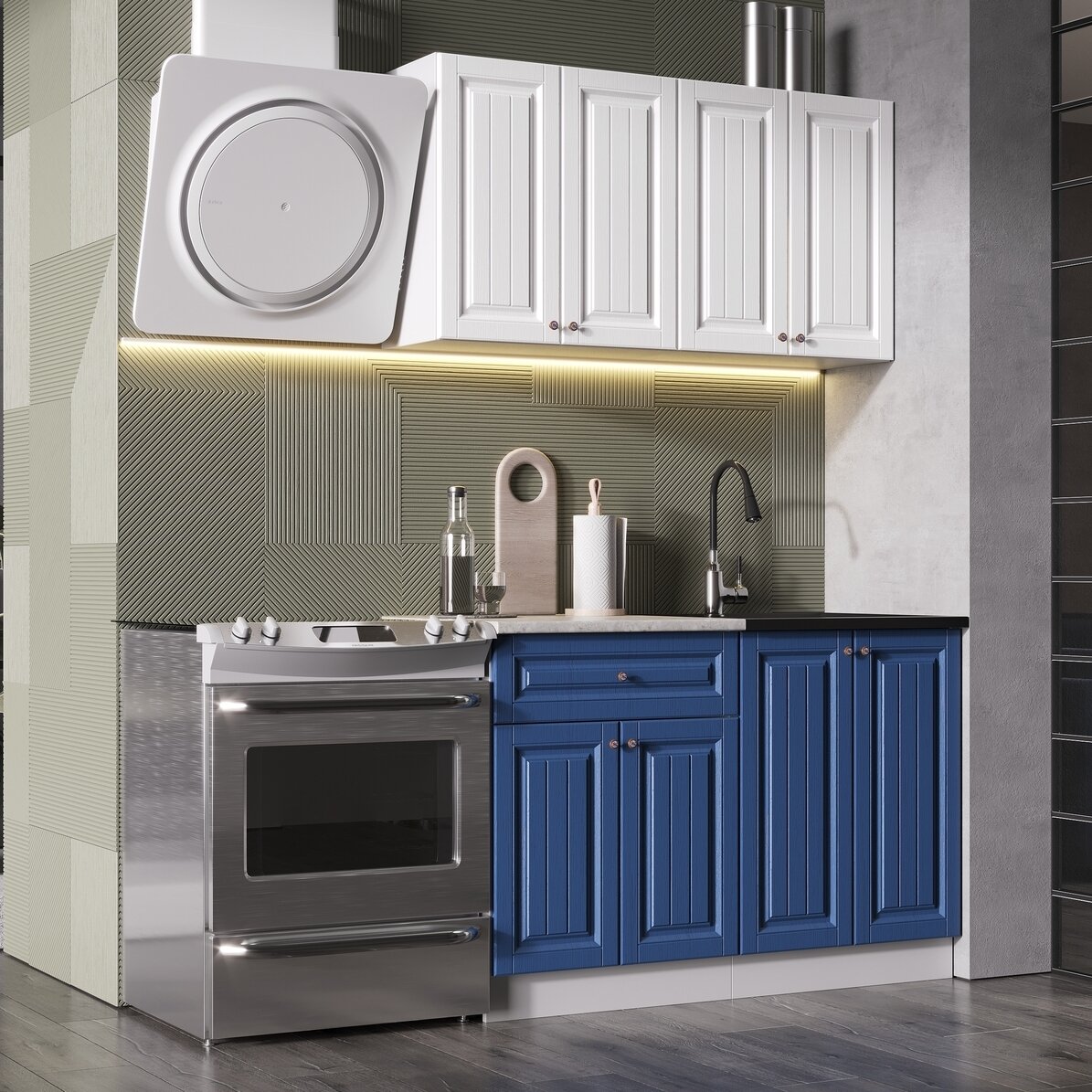 Кухонный гарнитур, кухня, готовый комплект Хозяюшка 1.2 м Акация белая/Деним