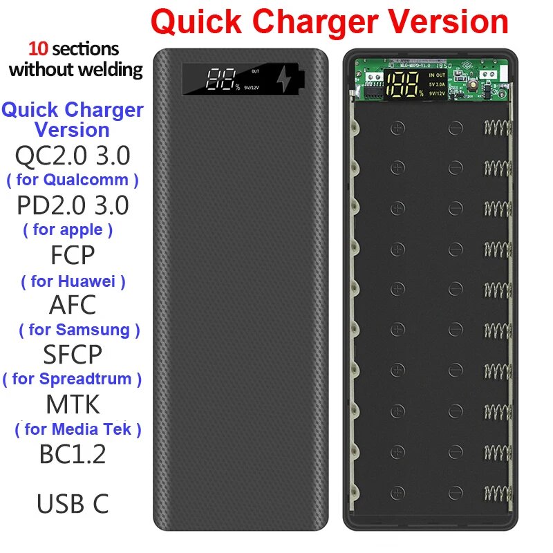 Чехол для аккумуляторов NVPONE 10*18650 Black Quick Charge