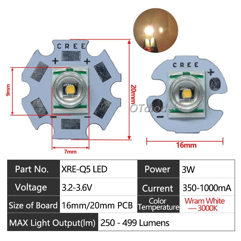Светодиодные модули OTdiode XRE Q5 3Вт Warm White 3000k, 16mm LED 50pcs