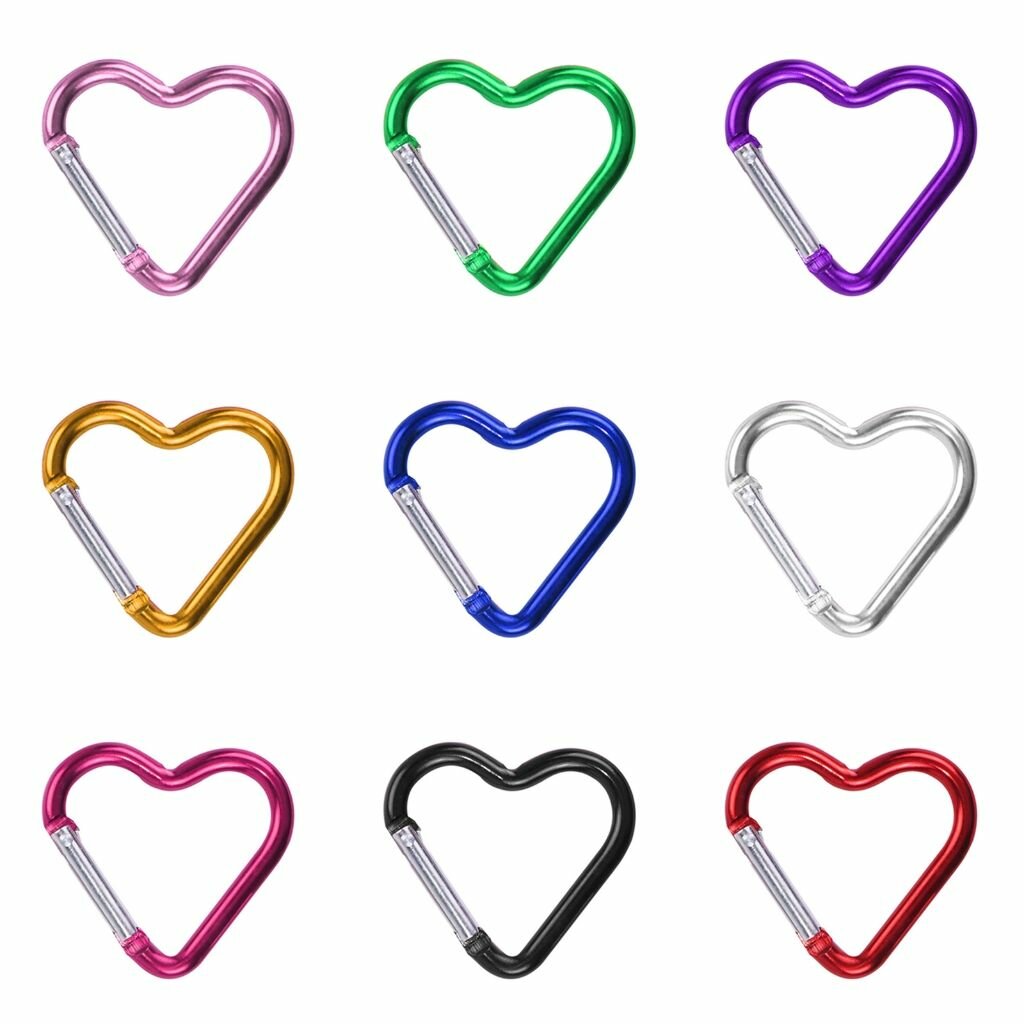 Алюминиевый карабин в форме сердца - разноцветный, 9 штук