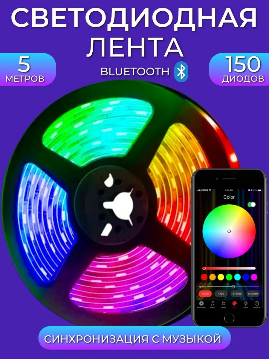 Светодиодная лента 5м, многоцветная, разноцветная, RGB с пультом управления подсветка интерьера, ресторана, авто, гирлянда