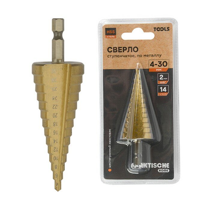Сверло ступенчатое по металлу 4,0-30,0 мм, 15 ступеней (шаг 2 мм), шестигранный хвостовик PRAKTISCHE TOOLS Blister
