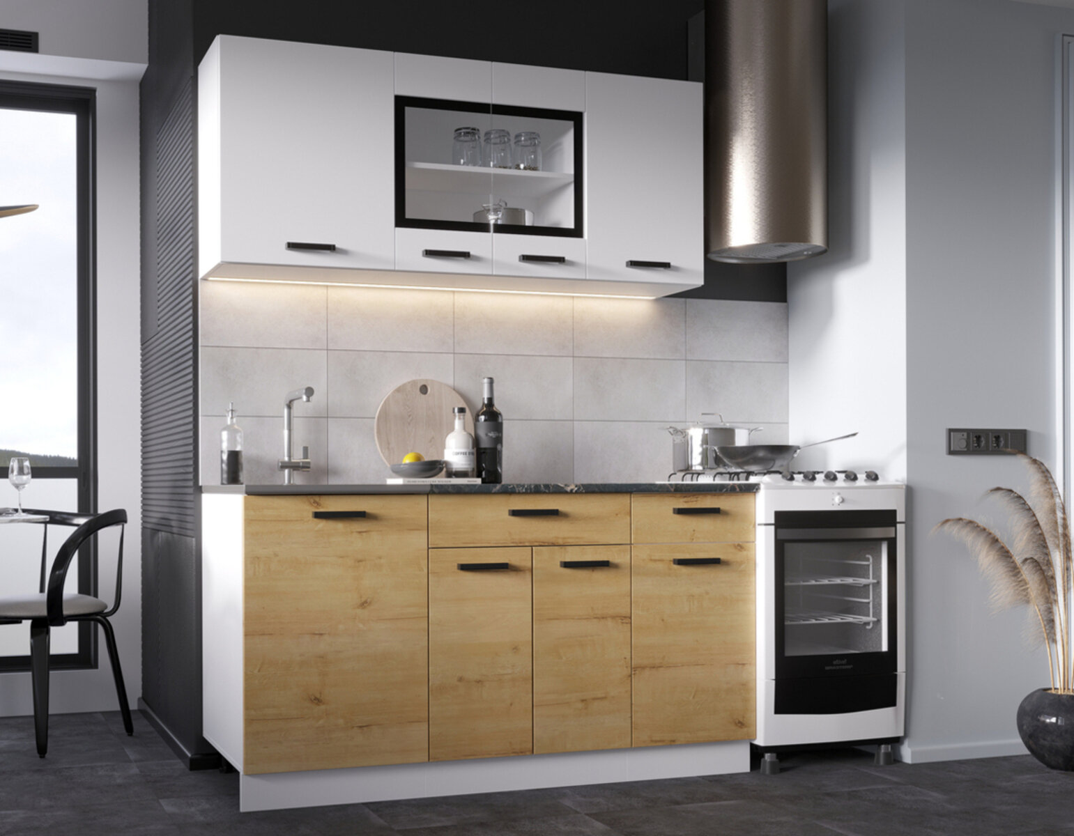 Кухонный гарнитур, кухня, готовый комплект Брауни 1.5 м Дуб Вотан/Белый гладкий