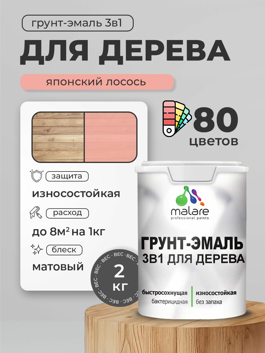Акриловая Грунт-Эмаль 3 в 1 Malare для деревянных поверхностей/ краска по дереву с антисептическим эффектом/ быстросохнущая моющаяся без запаха матовая, японский лосось, 2 кг