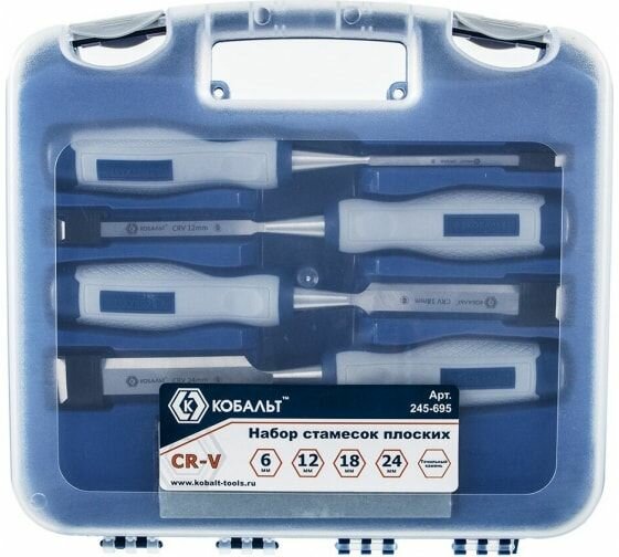 Набор стамесок кобальт плоских: 6, 12, 18, 24 х 140 мм, CR-V, двухкомпонентная рукоятка, точильн. камень (4 шт.) кейс