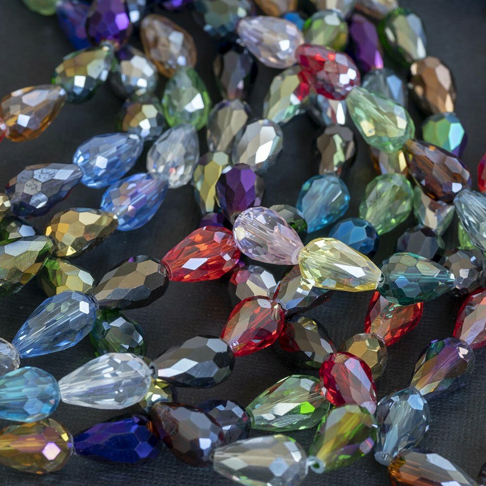 Бусины стеклянные капли капельки 10 шт, граненые, 15х10 мм, разные цвета в упаковке