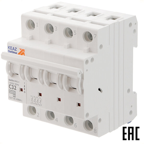 Автоматический выключатель OptiDin ВМ-63-4C32 32А/4п/ 4,5кА на Din-рейку 326824 КЭАЗ